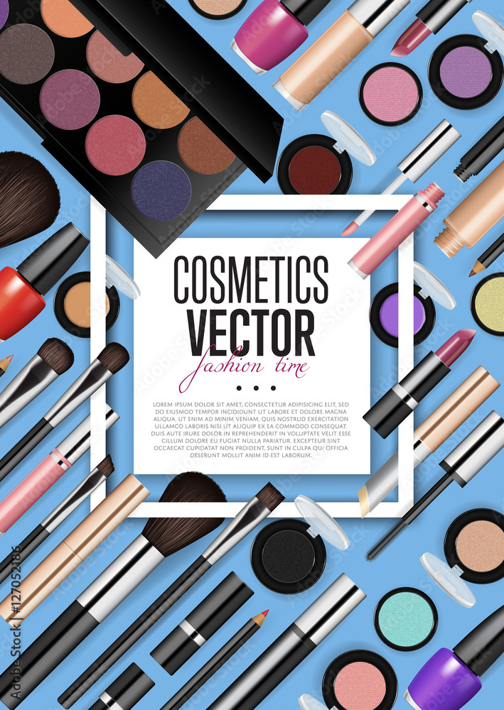 Cosmetics products, fashion makeup banner. Brushes, powder palettes ...