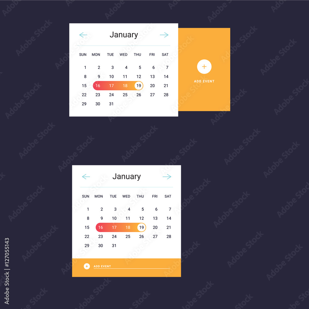 Calendar UI UX element. Calendar widget event. Vector illustration. Set ...
