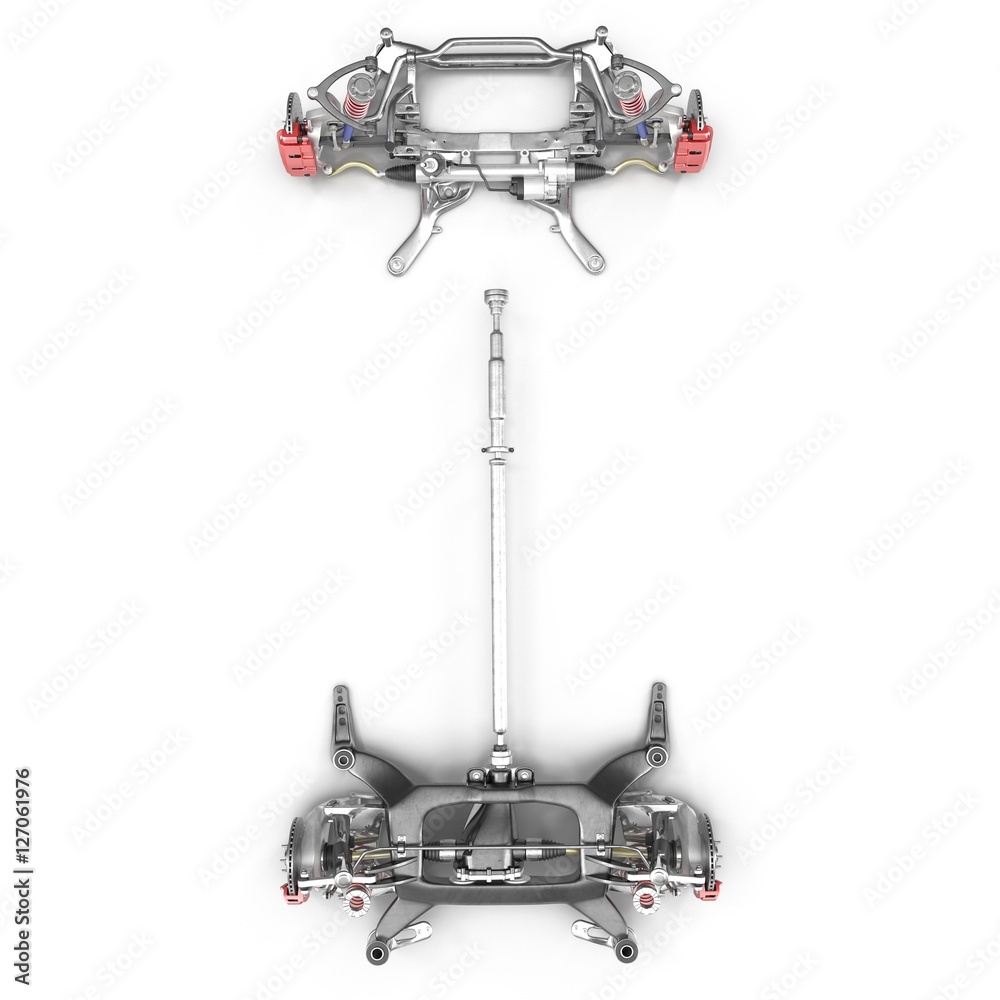 Render of car chassis without engine isolated on white. Top view. 3D ...