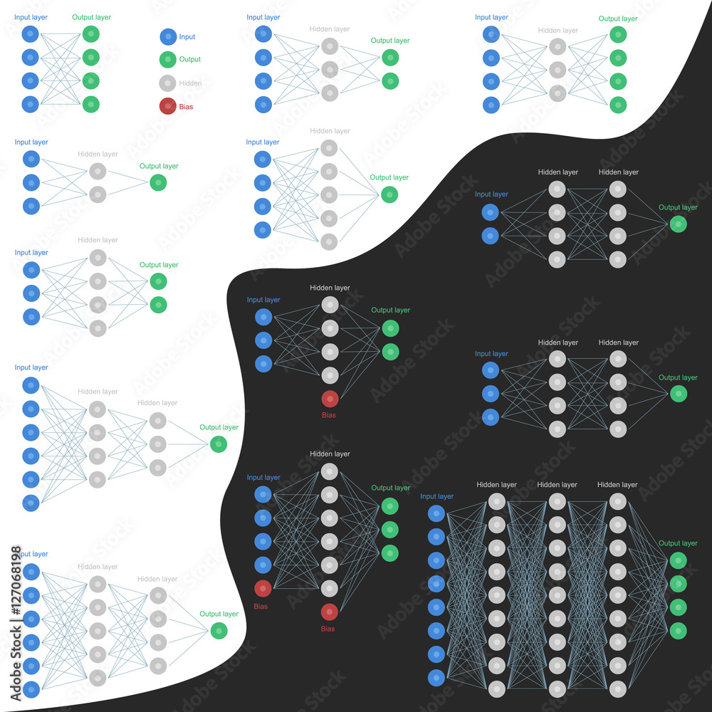 Set of neural networks on isolated black and white background ...