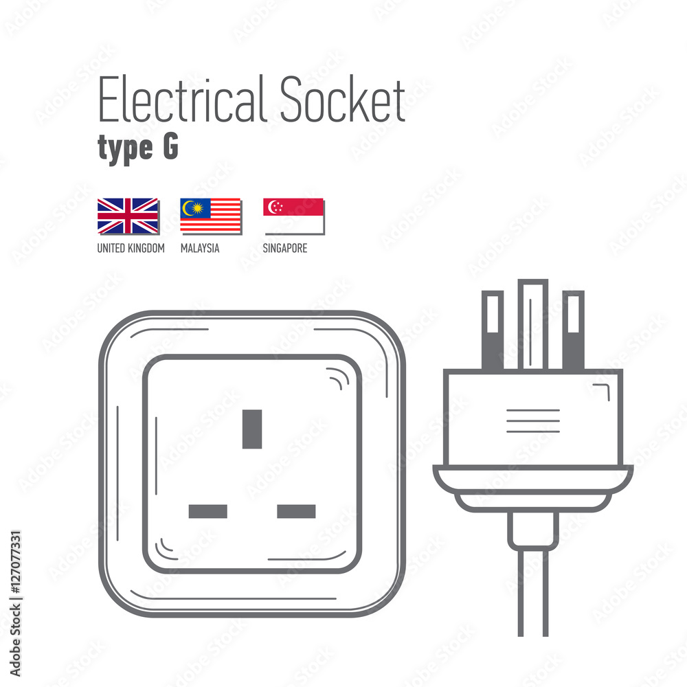 Switches and sockets set. Type G. AC power sockets icons, thin line ...