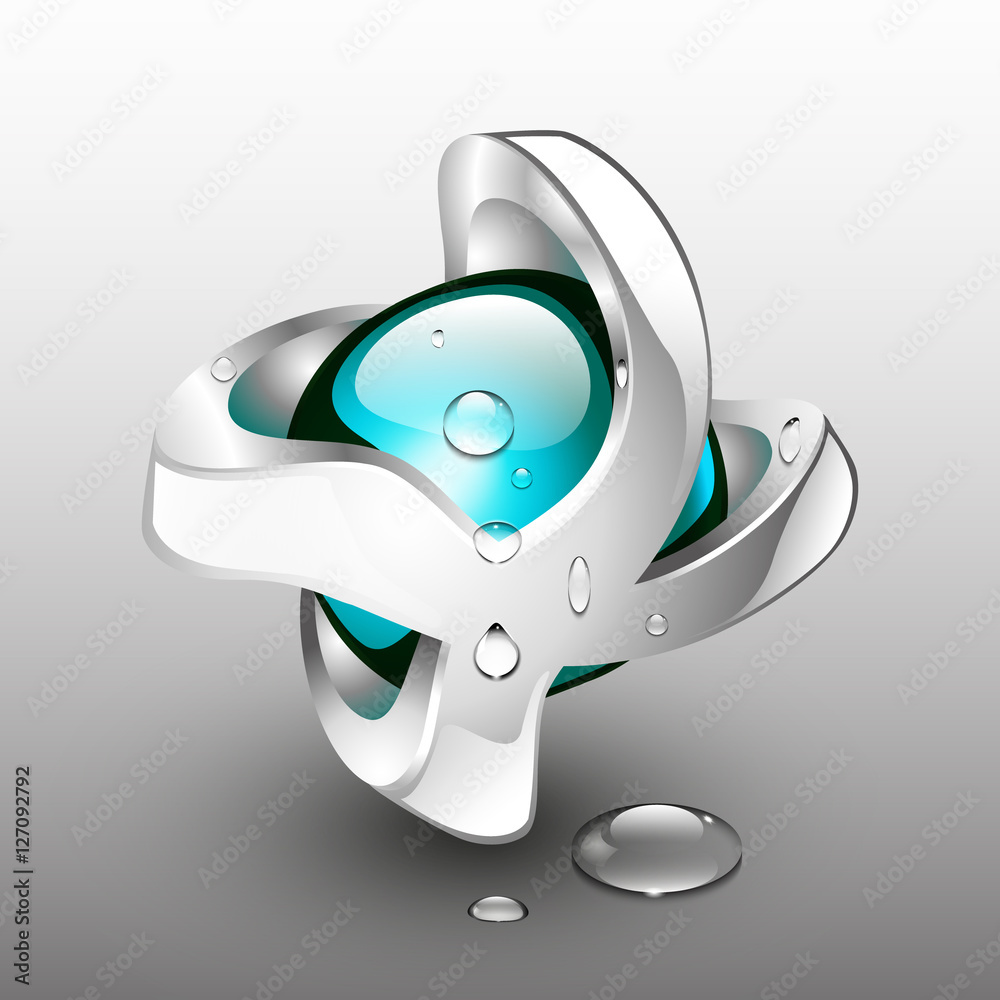 3d abstract logo of water drop with distorted silver framing. Badge of ...