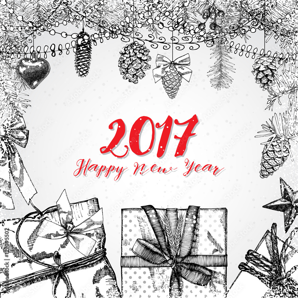 2017 Happy New Year hand drawing greeting card design with calligraphy ...