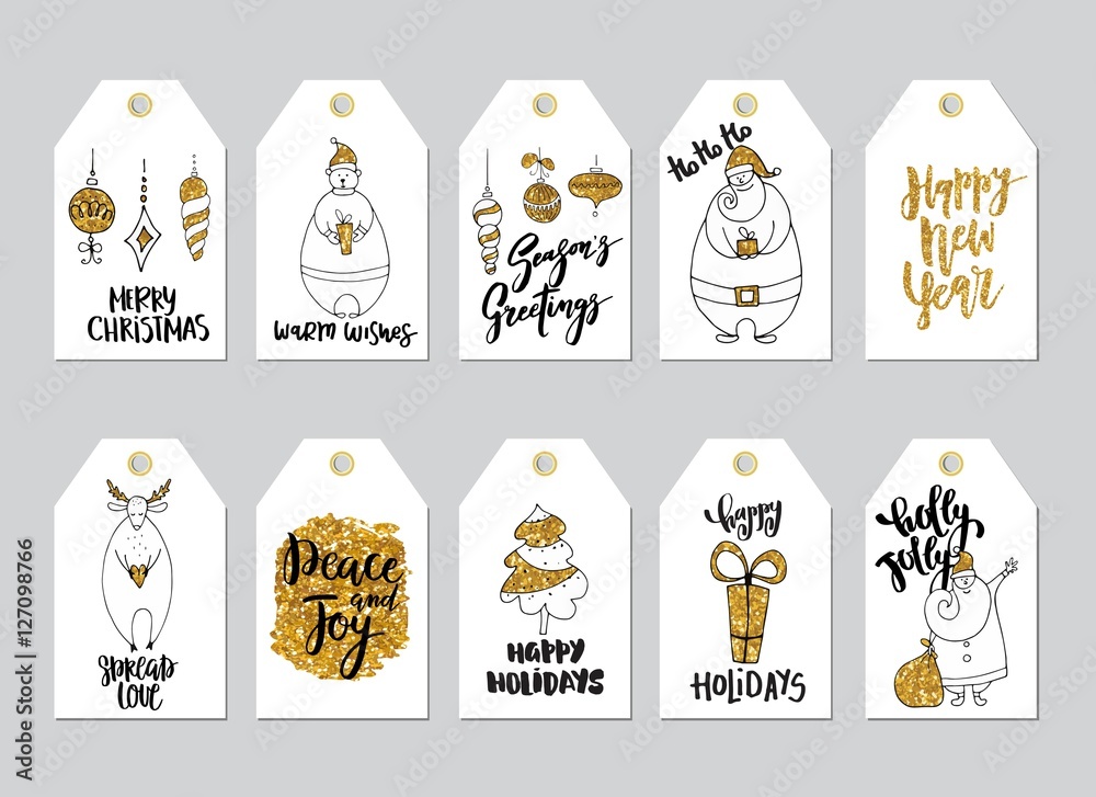 Collection of gold glitter texture Christmas and New Year gift tags ...