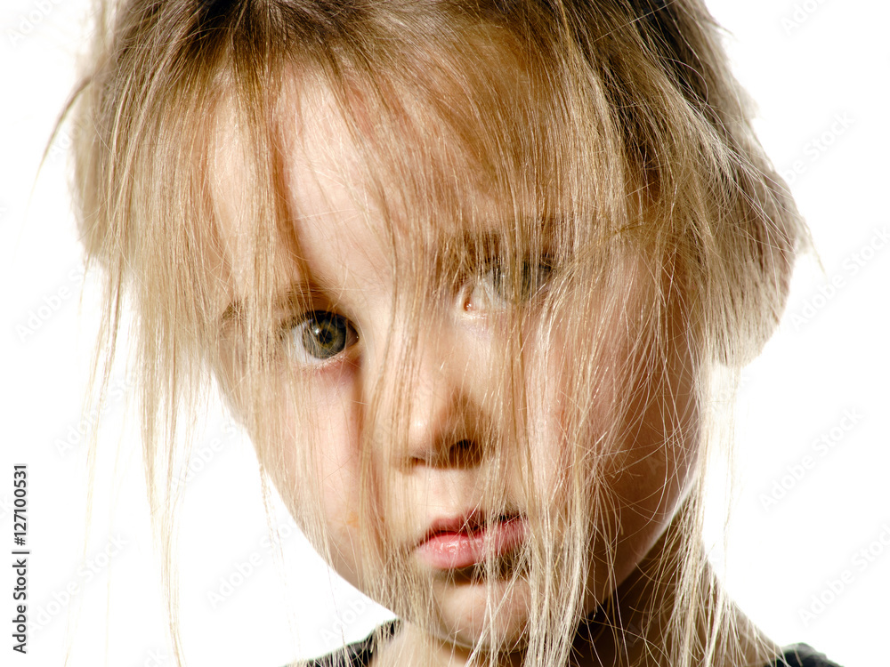 Disheveled preschooler girl with long hair portrait Stock Photo | Adobe ...