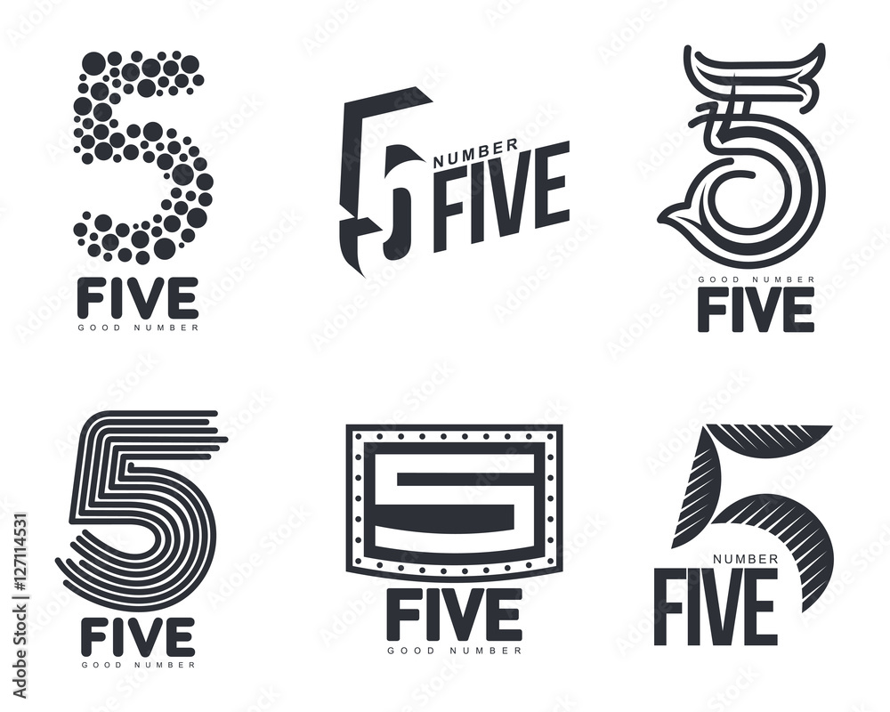 Set of black and white number five logo templates, vector illustrations ...