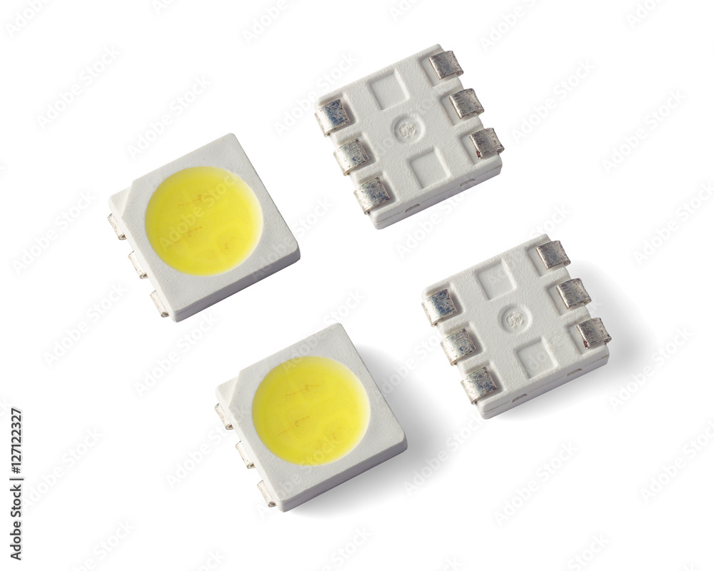 2-side macro photo of a light-emitting SMD SMT 3-ships diode in a PLCC ...