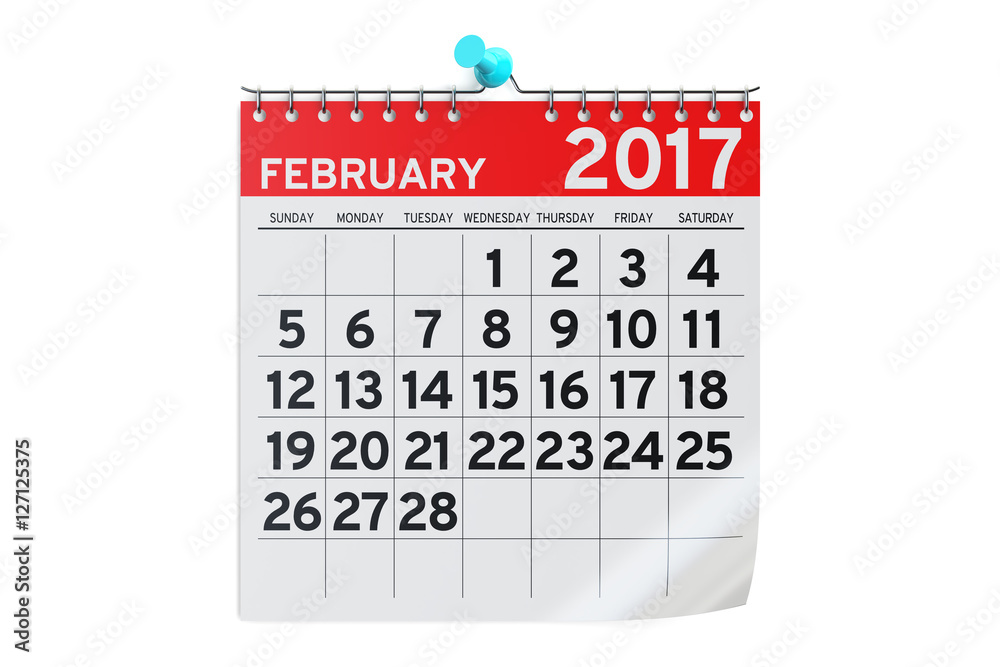 February 2017 calendar, 3D rendering | Uwalls.co.uk