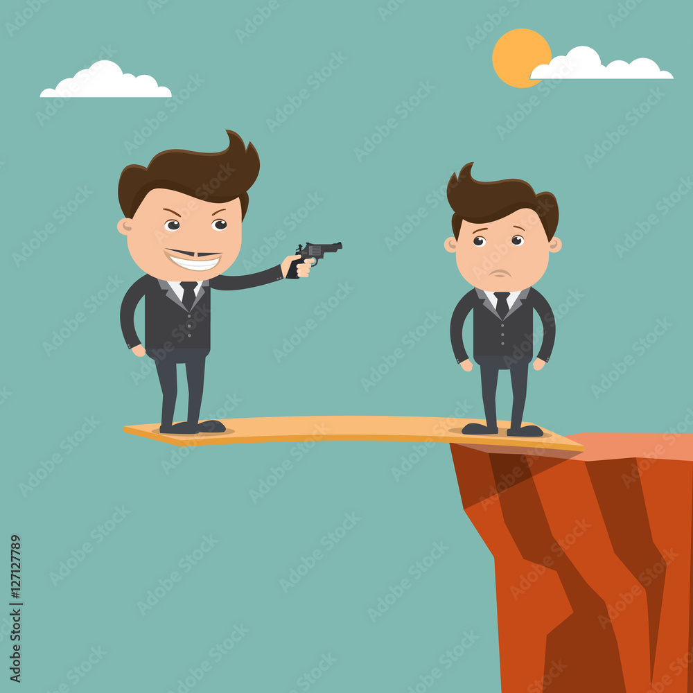 Boss and employee , Boss holding gun, standing on a cliff, Business ...