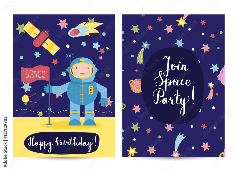 Happy birthday cartoon greeting card on space theme. Smiling astronaut ...