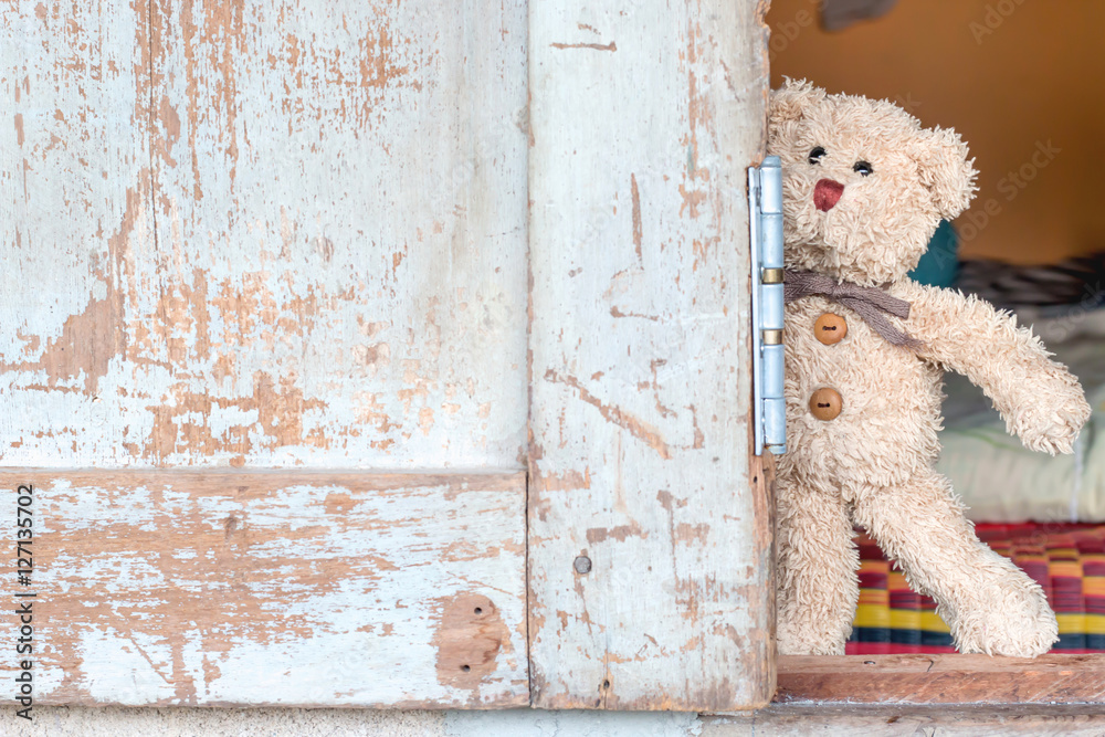 Teddy bear behind window Stock Photo | Adobe Stock