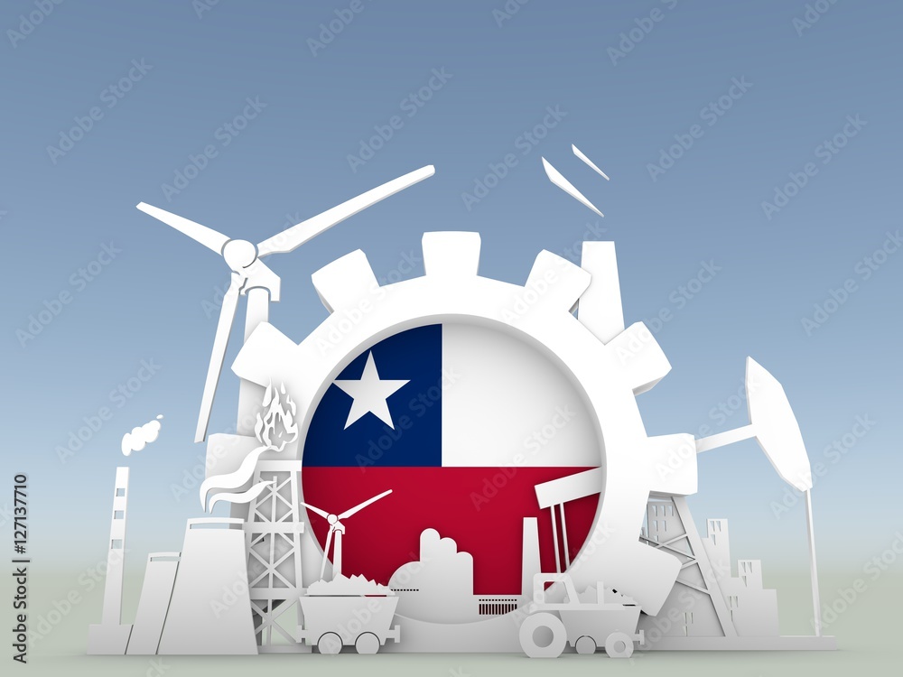 Energy and Power icons set with Chile flag. Sustainable energy ...