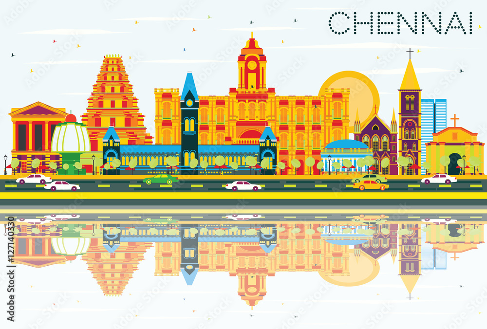 Chennai Skyline with Color Landmarks, Blue Sky and Reflections. Stock ...