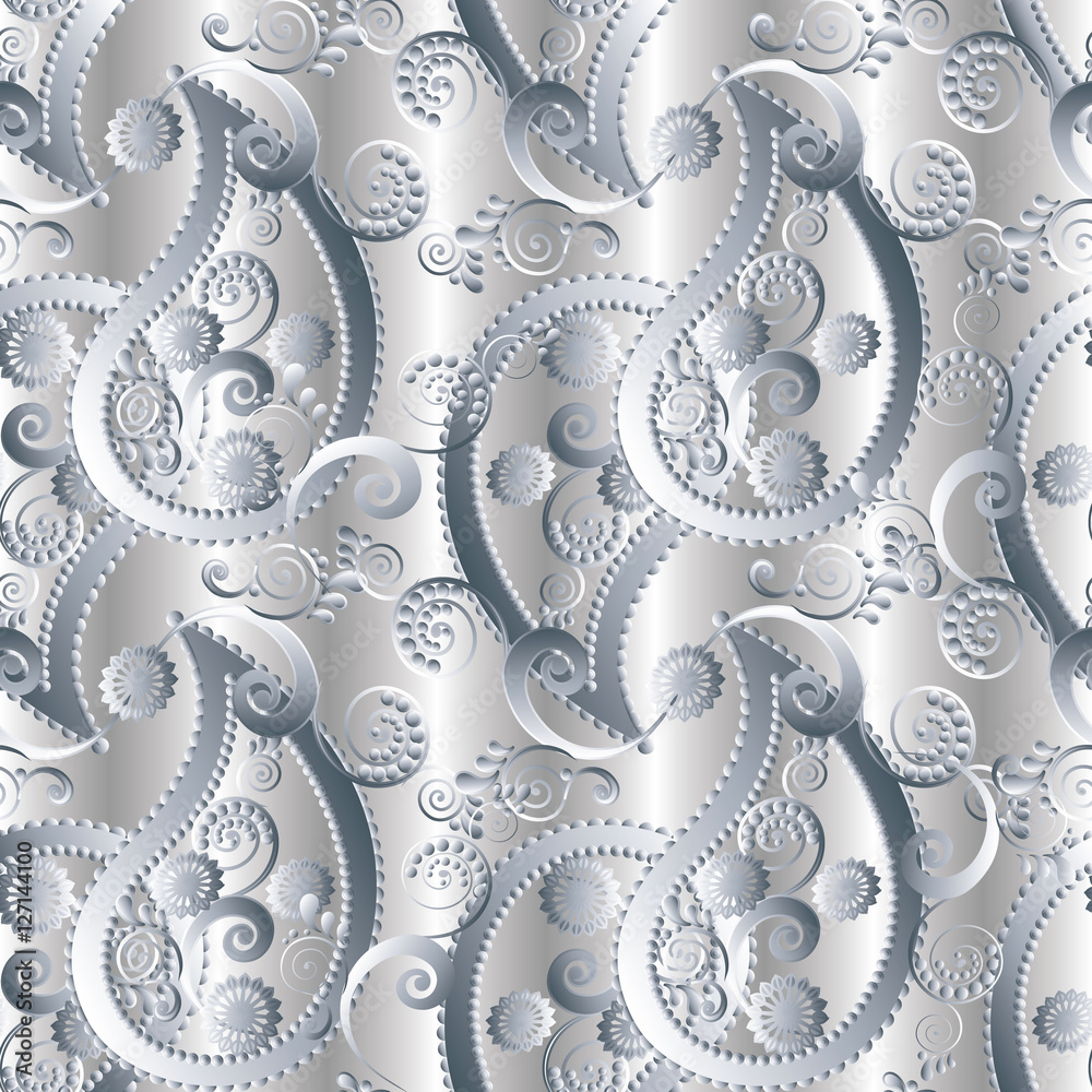 Light floral paisleys vector seamless pattern with 3d white decorative ...