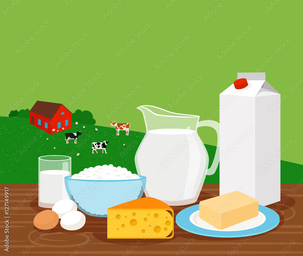 Farm landscape with cows and milk food, banner design. Vector ...