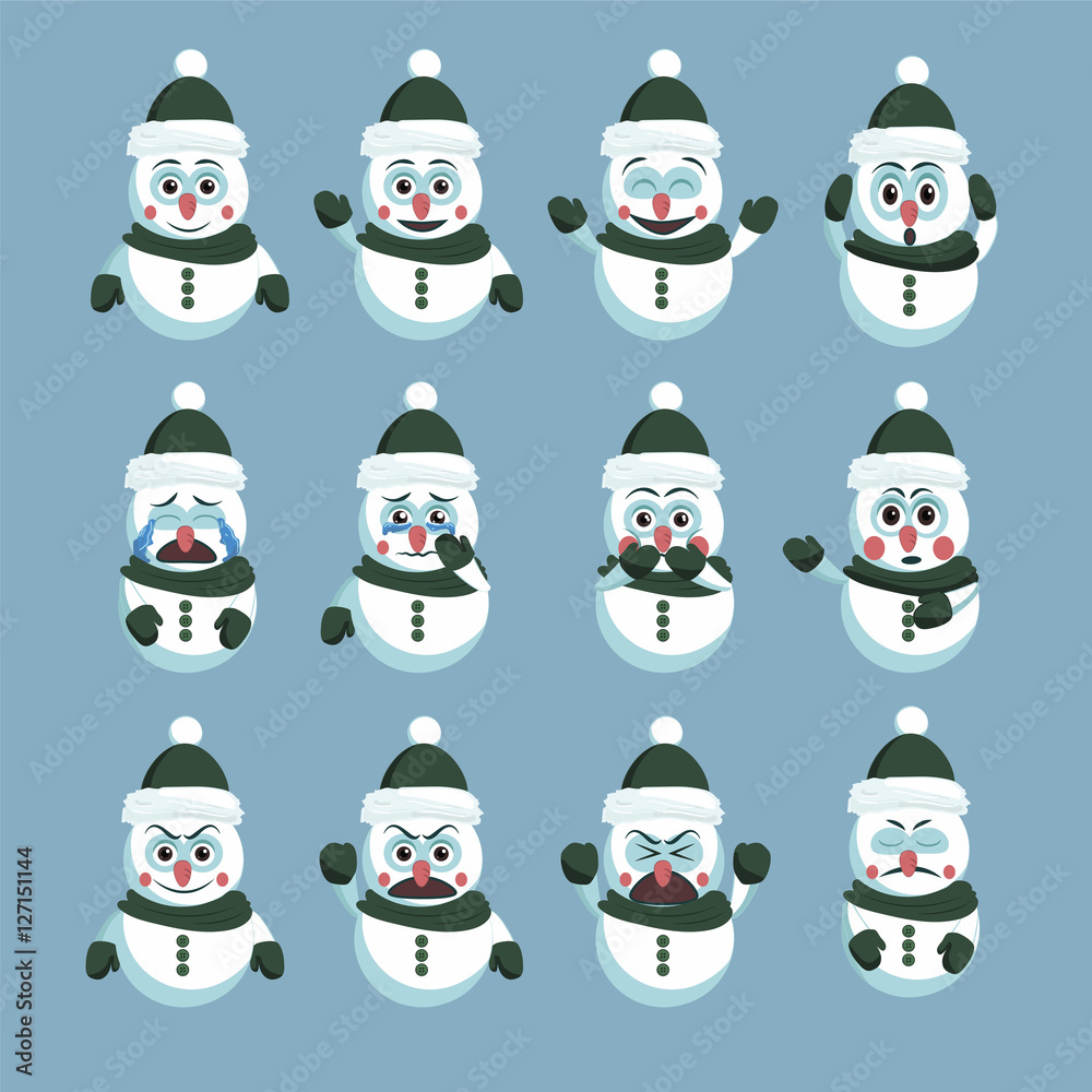 Snowman sticker emoticon set, vector eps10 cartoon style collection ...