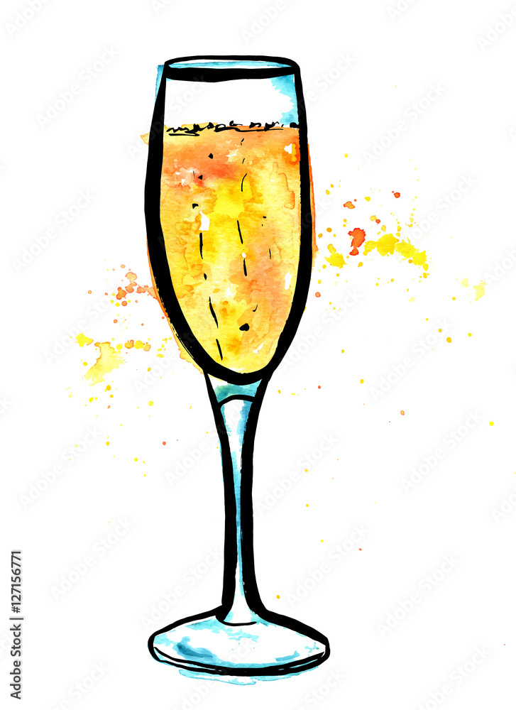 Vector, pen, ink, and watercolor drawing of sparkling wine Stock Vector ...