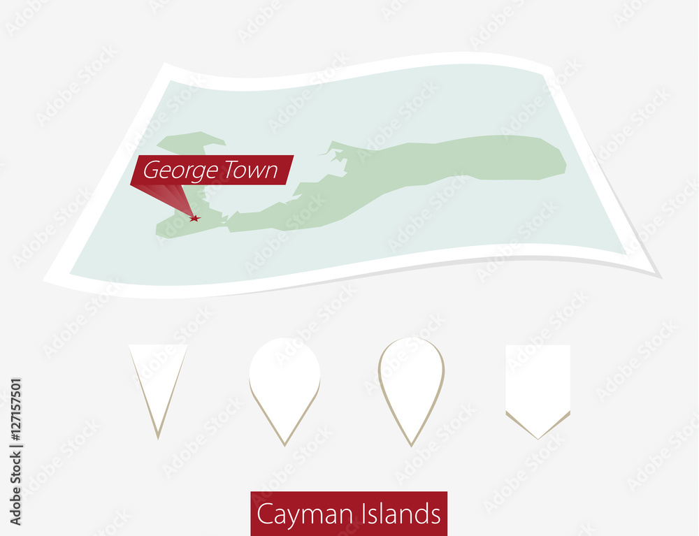 Curved paper map of Cayman Islands with capital George Town on Gray ...