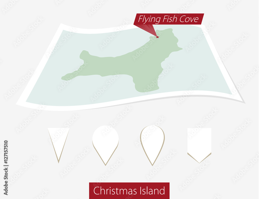 Curved paper map of Christmas Island with capital Flying Fish Cove on ...