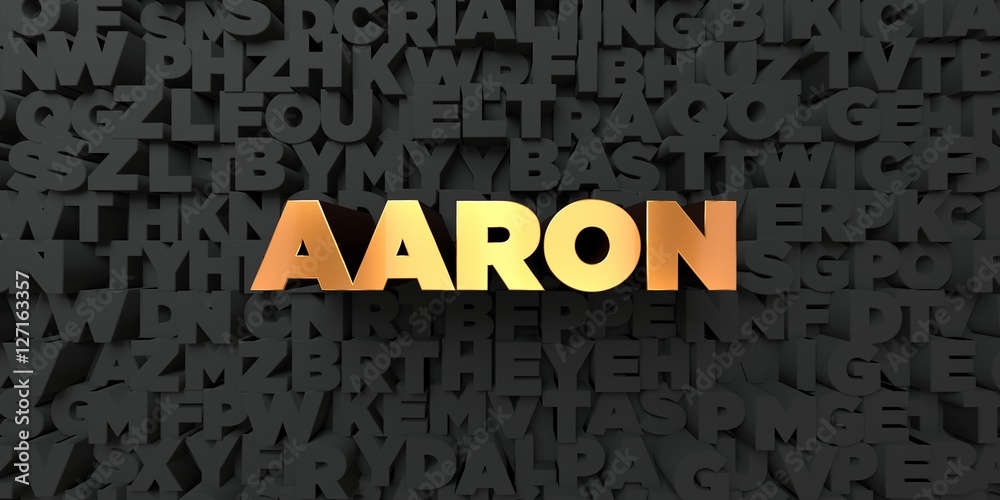 Aaron - Gold text on black background - 3D rendered royalty free stock ...