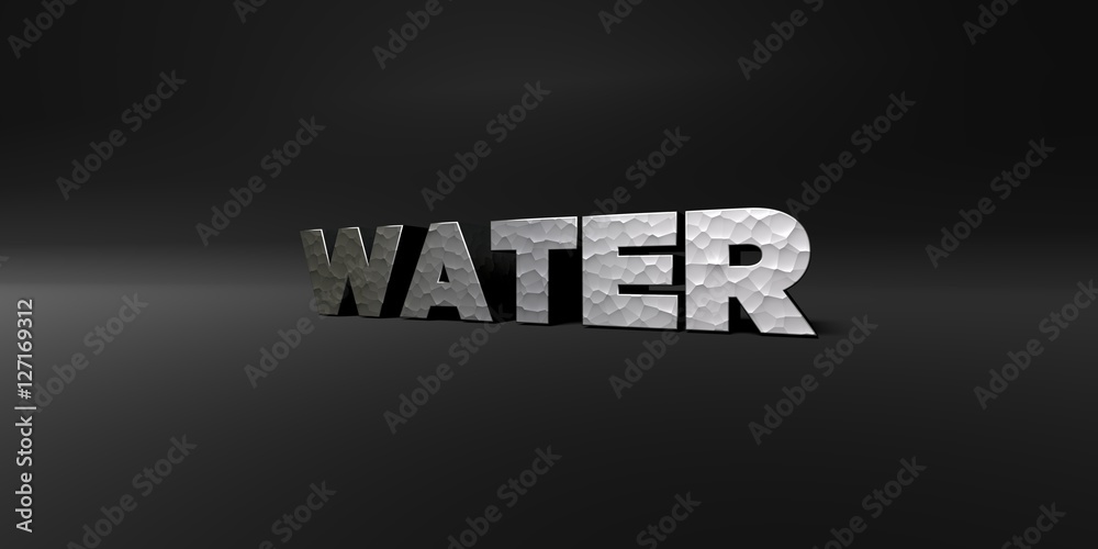 WATER - hammered metal finish text on black studio - 3D rendered ...
