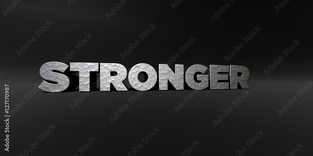 STRONGER - hammered metal finish text on black studio - 3D rendered ...