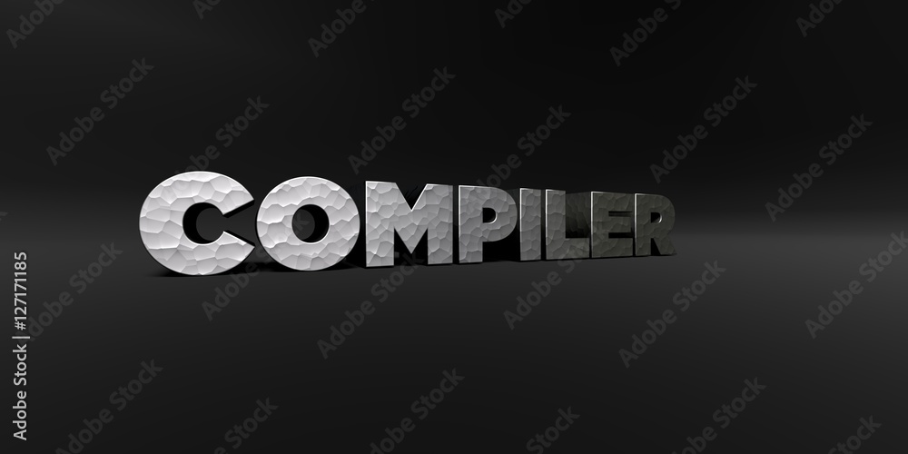 COMPILER - hammered metal finish text on black studio - 3D rendered ...