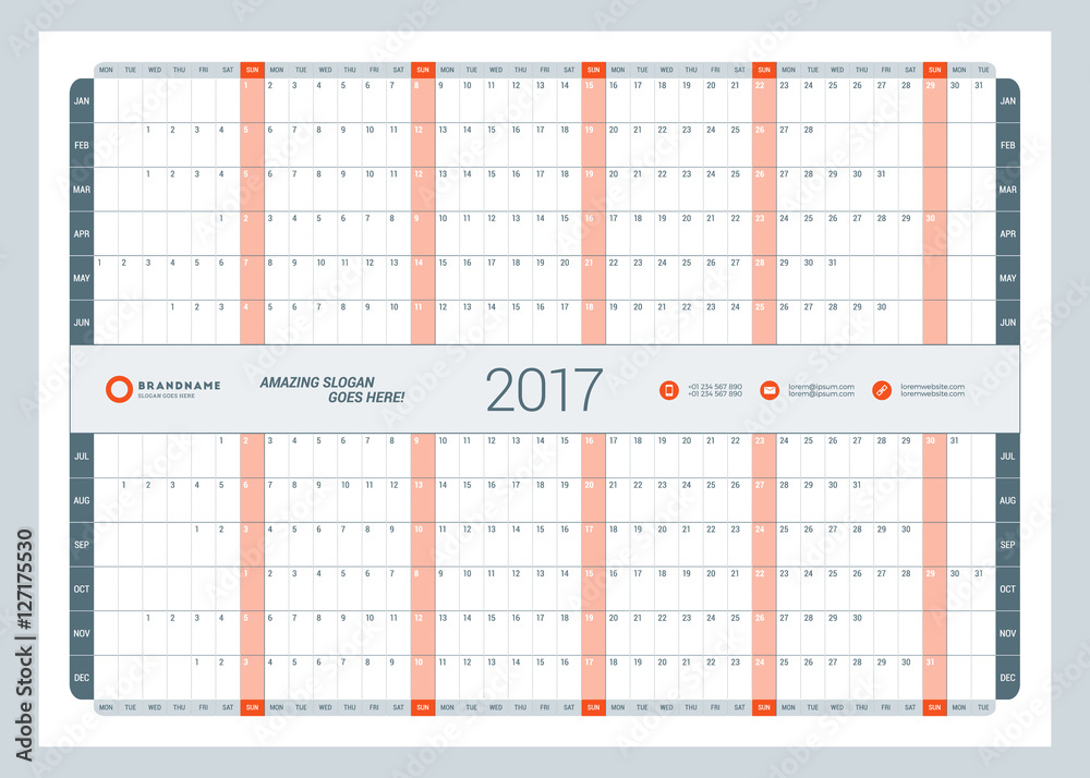 Calendar Template for 2017 Year. Vector Illustration. Week Starts on ...