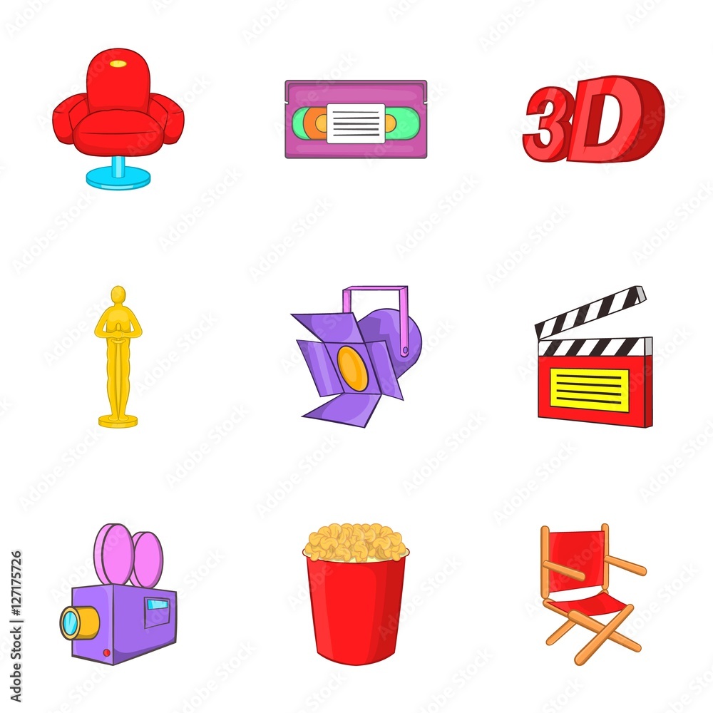 Watching movie icons set. Cartoon illustration of 9 watching movie ...