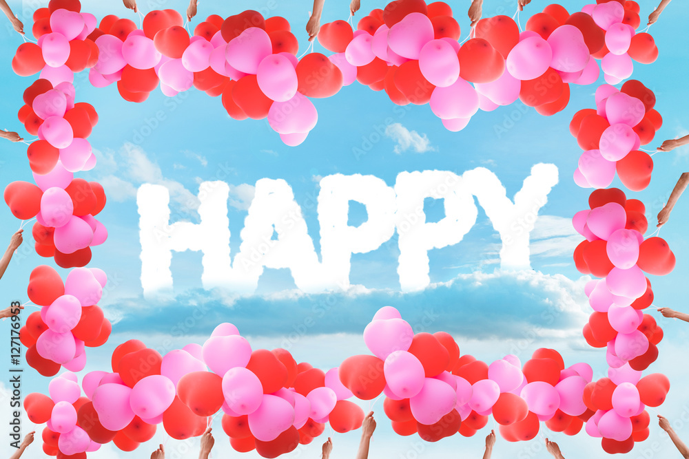 "Happy" message with Hand holding Balloon Frame on sky for Background ...