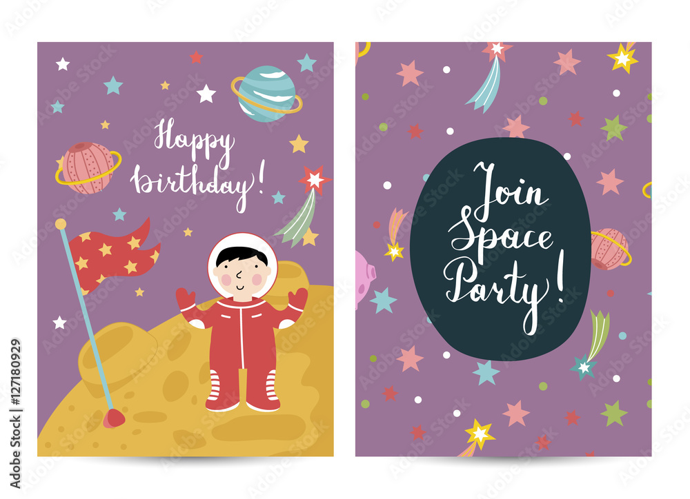 Happy birthday cartoon greeting card on space theme. Astronaut in ...