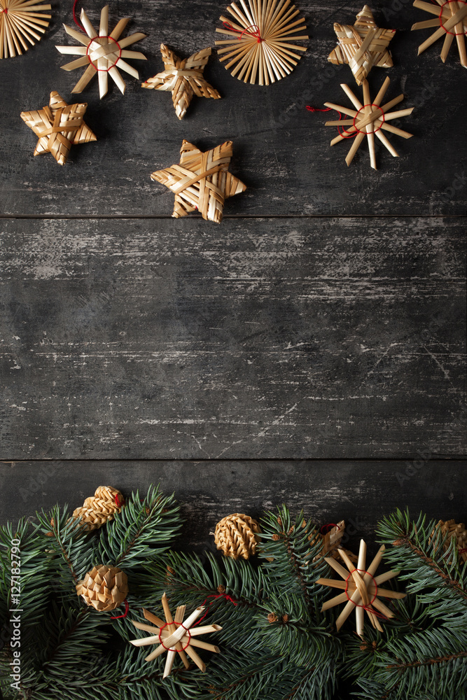 Christmas border design on the wooden background Stock Photo | Adobe Stock