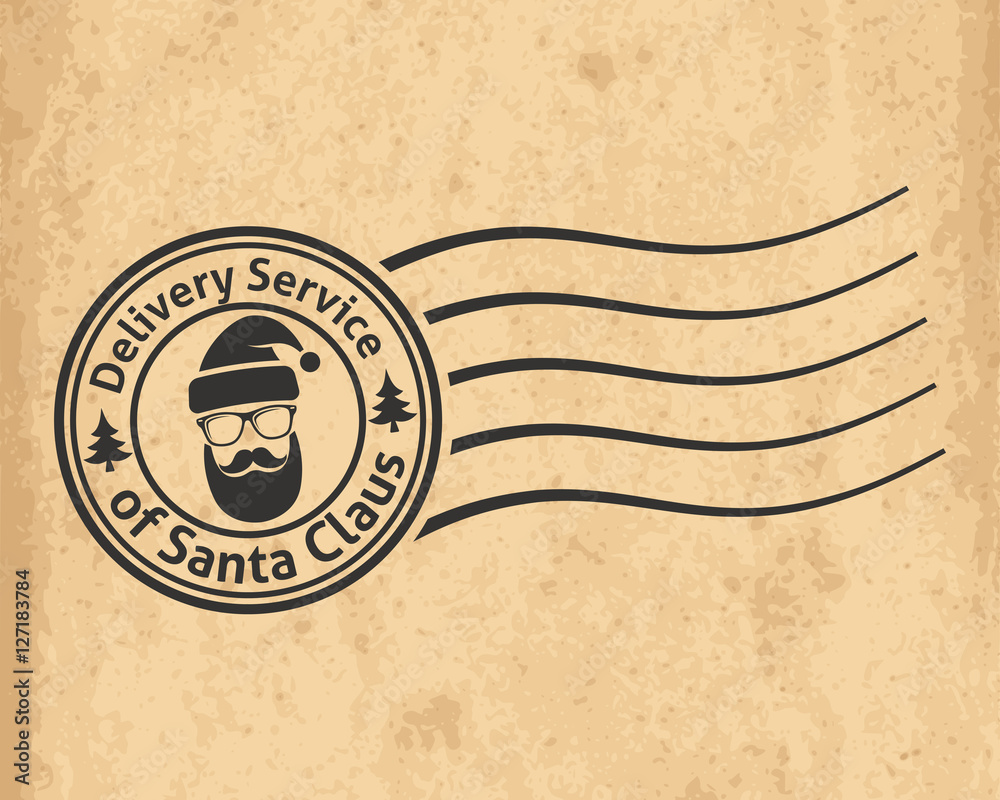 Postal stamp of the delivery service of Santa Claus on old grungy paper ...