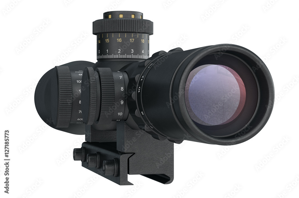 Scope optical military sniper rifle equipment, back view. 3D graphic ...