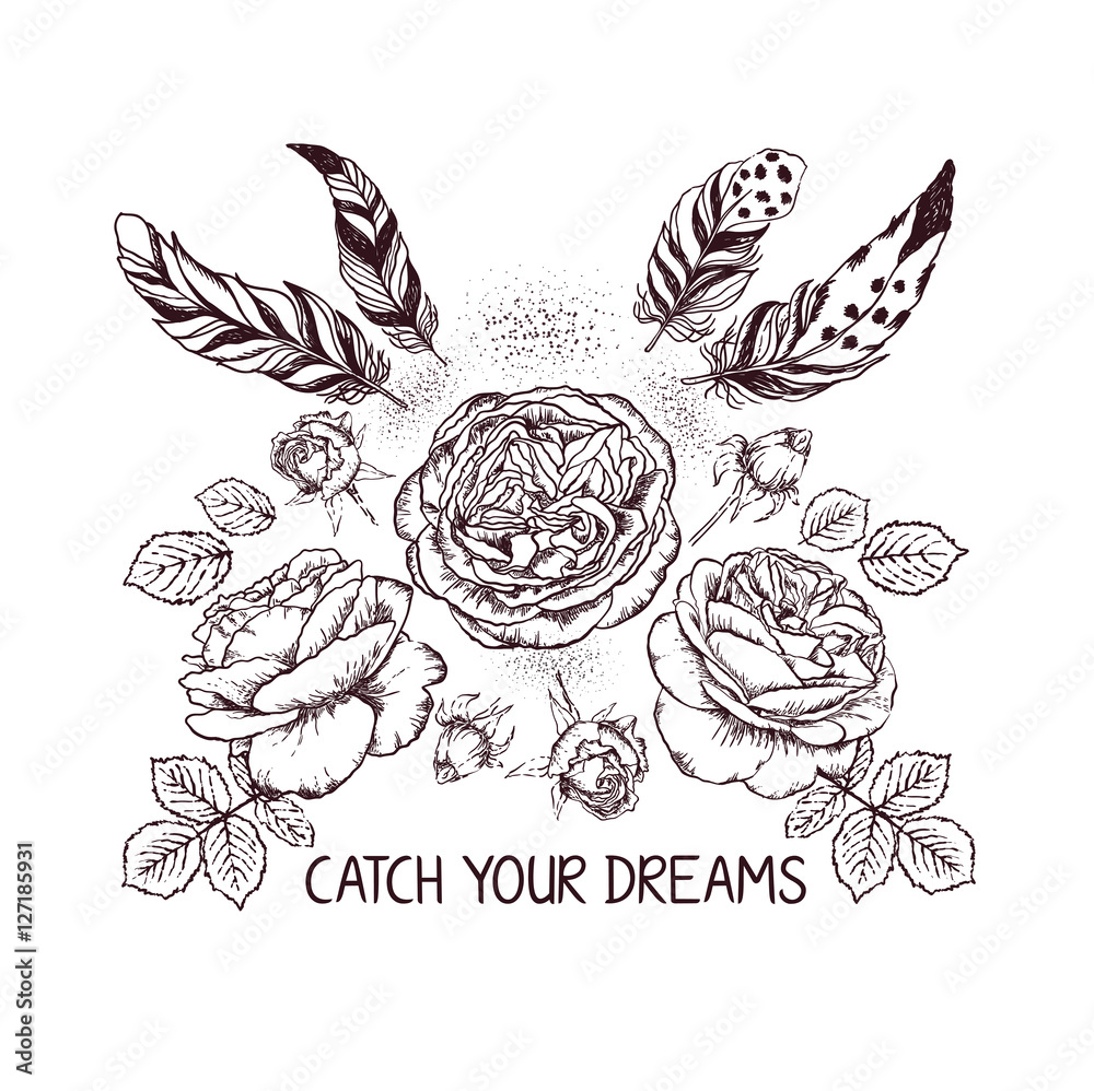 Hand drawn boho style design with rose flower, arrow and feathers ...