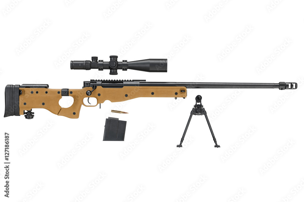 Rifle sniper weapon disassembled, side view. 3D graphic Stock ...