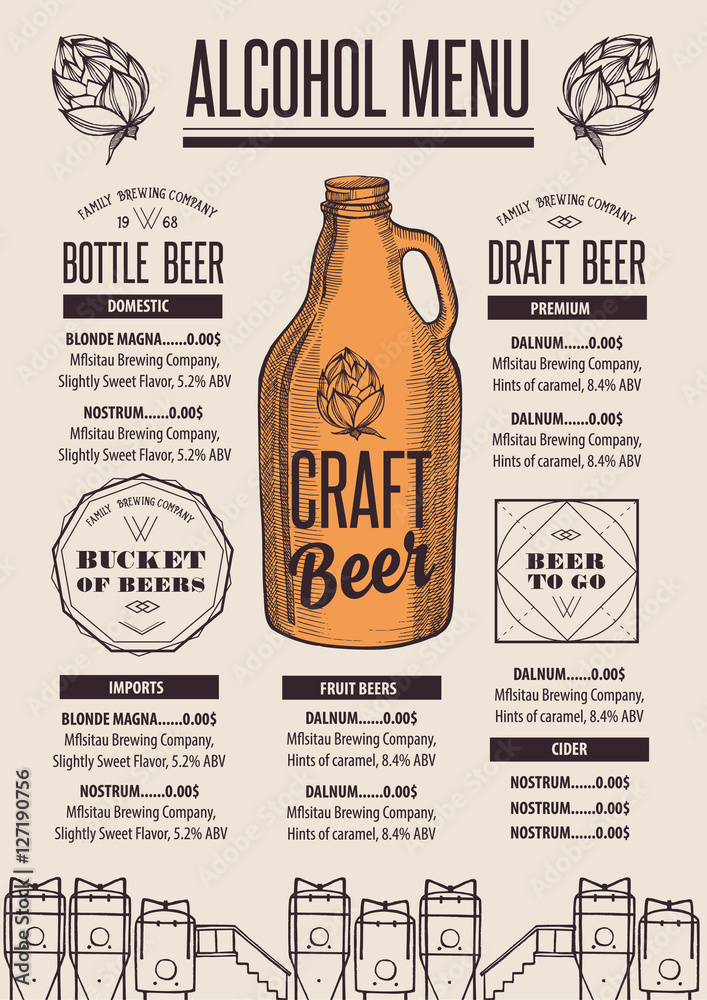 Menu beer restaurant, alcohol template placemat. Stock Vector | Adobe Stock
