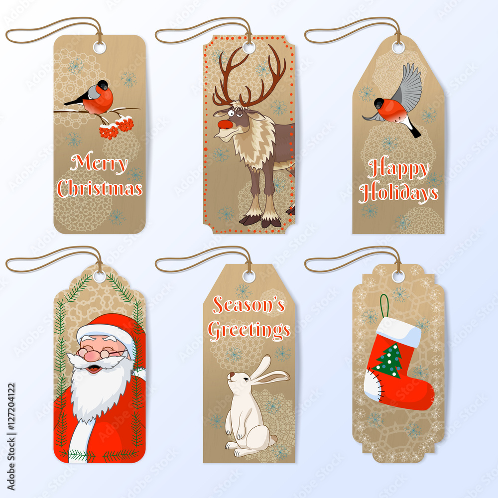 Vector collection of six cute christmas gift tags with Santa, bullfinch ...