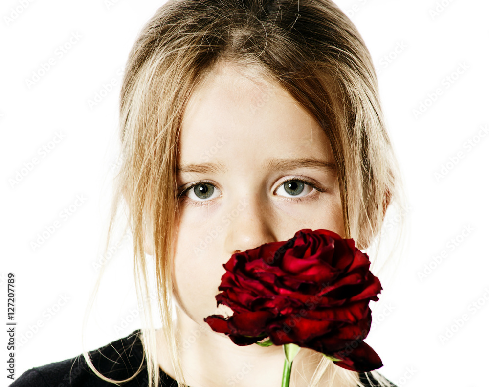 Cute little girl portrait with red rose Stock Photo | Adobe Stock