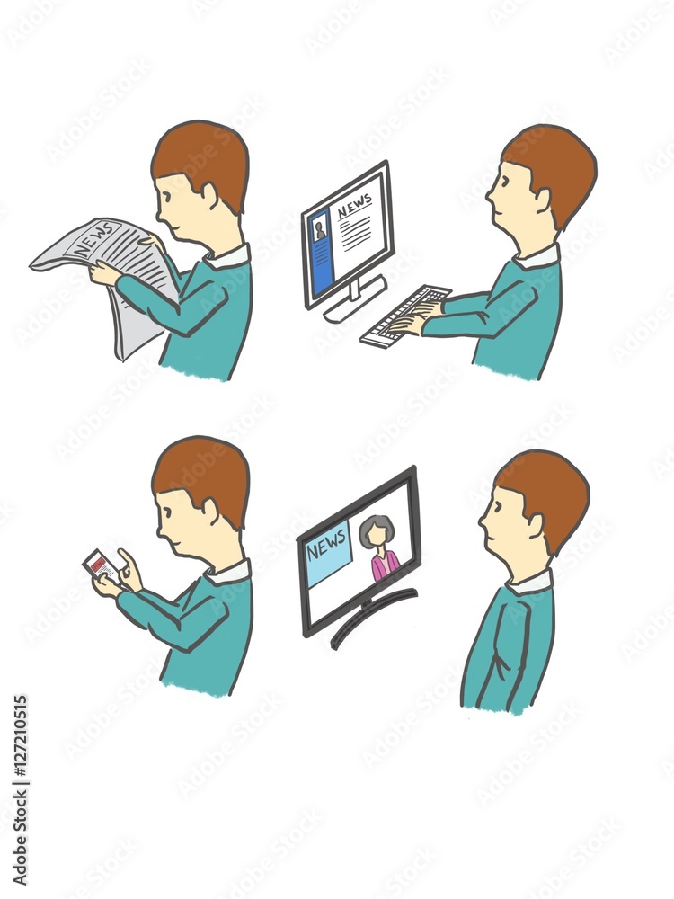 Man Reading News Mobile Social Media Computer Newspaper TV Cartoon ...