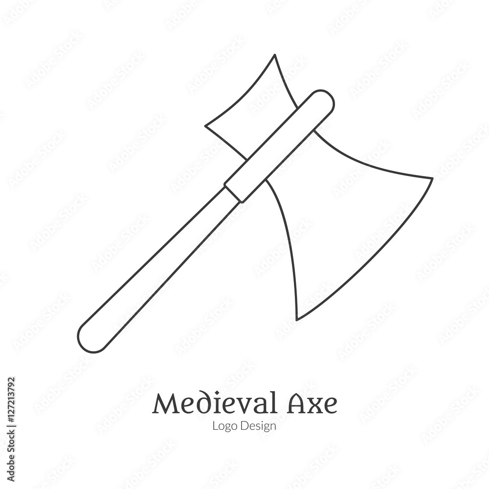 Medieval guard, battle axe, broadax. Single logo in modern thin line style isolated on white ...