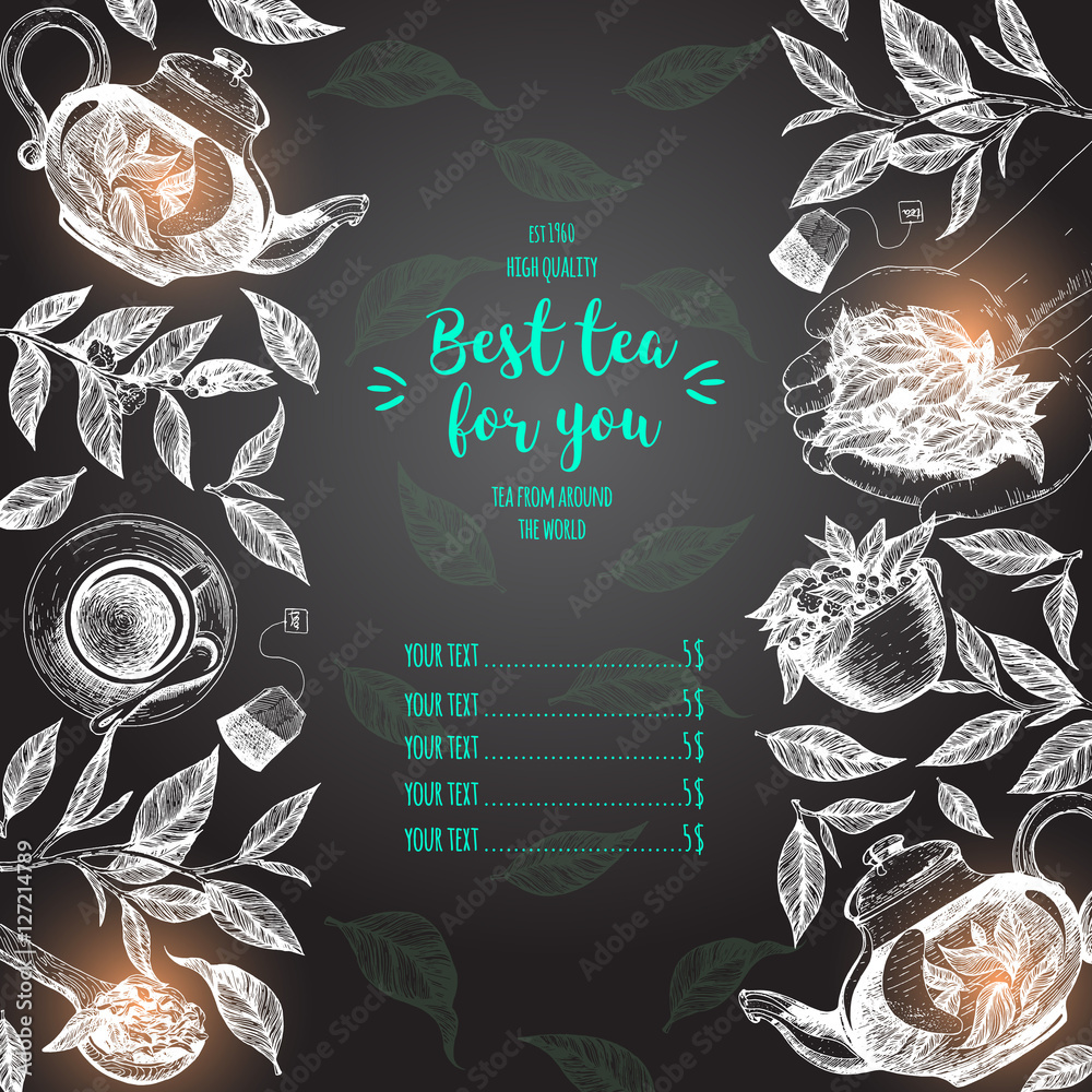 Tea shop frame vector illustration. Vector card design with tea. Tea ...