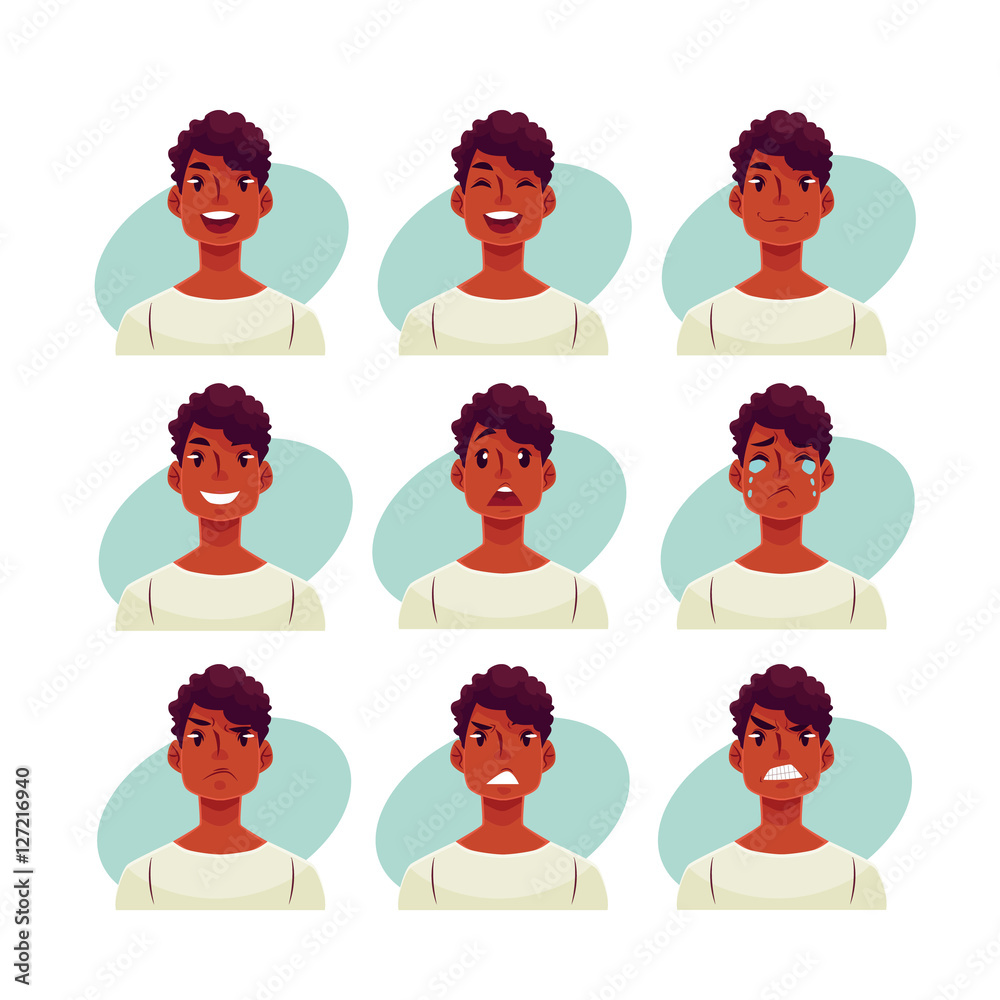 Young african man face expression, set of cartoon vector illustrations ...