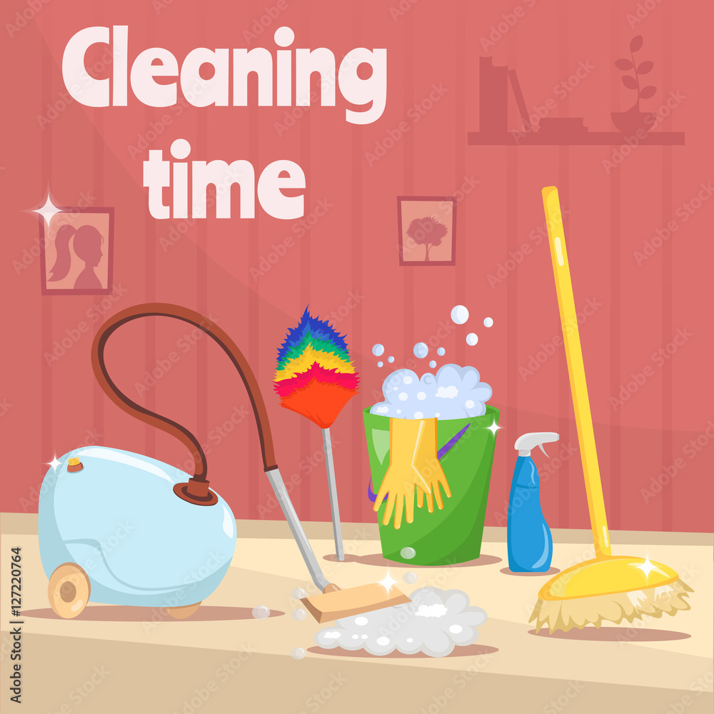 Cleaning tools and equipment with cartoon mop, bucket and vacuum ...