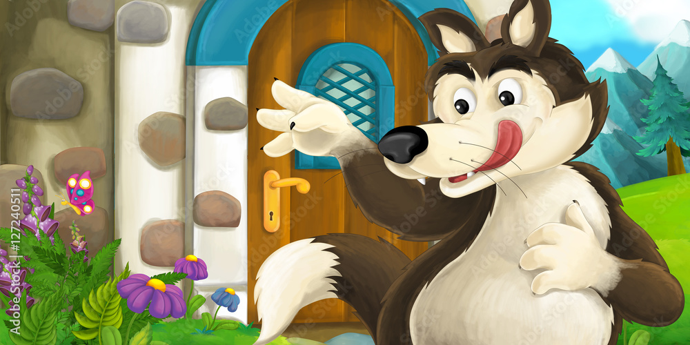 Cartoon scene with wolf near village house - illustration for children ...