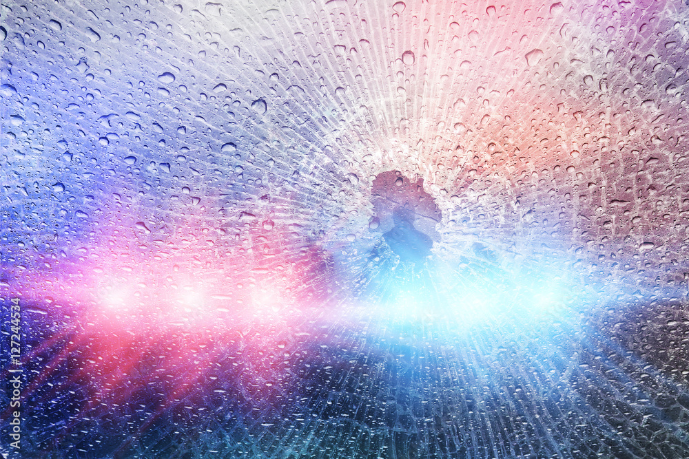 Police crime scene, rain background with police lights and broken glass ...