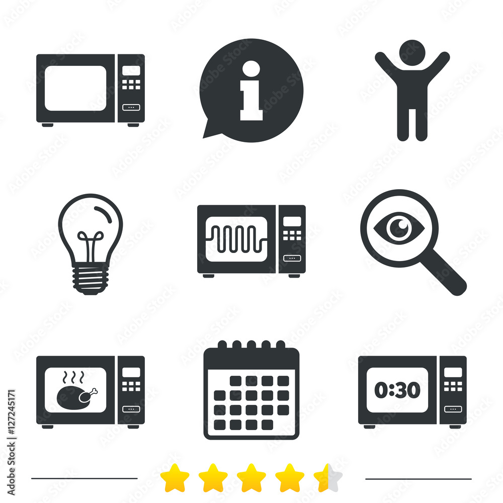 Microwave oven icons. Cook in electric stove symbols. Grill chicken ...