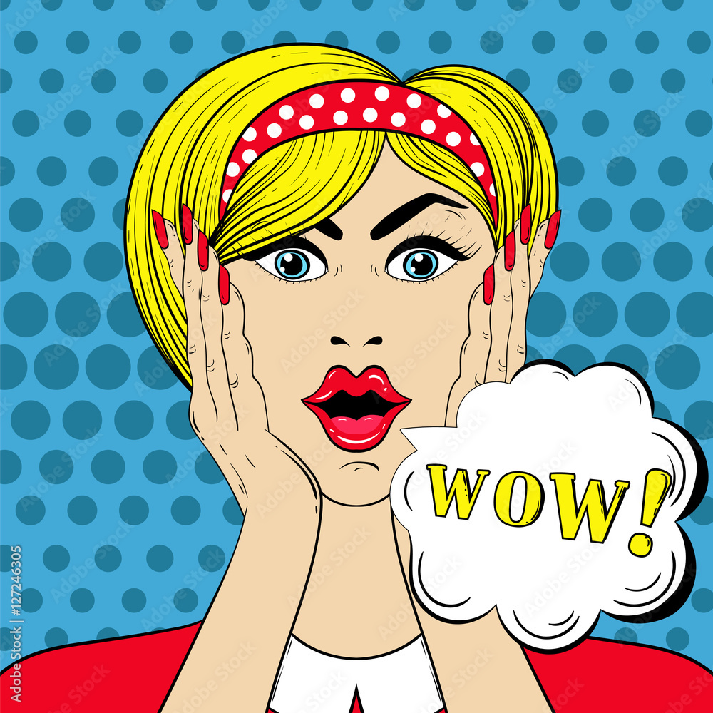 WOW face in Pop Art style, Surprised scared Woman with wow-sign Stock ...