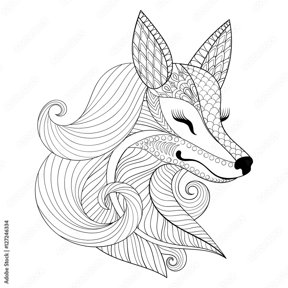 Zentangle Fox face in monochrome doodle style. Hand drawn Wild a Stock ...