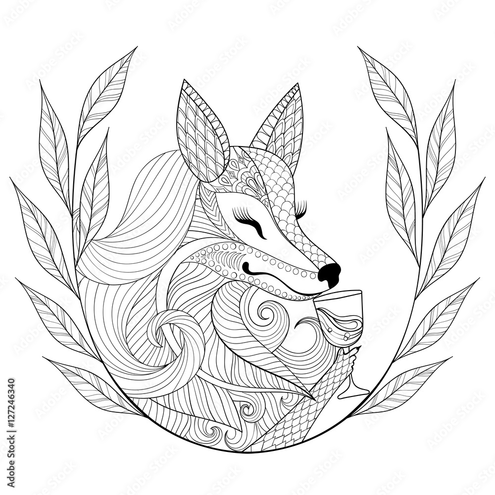 Zentangle Fox with glass of wine in monochrome doodle style. Han Stock ...